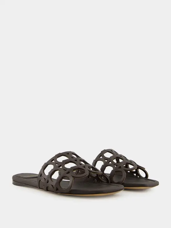 FERRAGAMO Gancini Chain Leather Slides - Brown