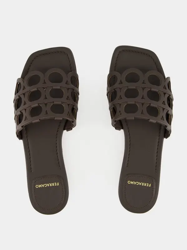 FERRAGAMO Gancini Chain Leather Slides - Brown