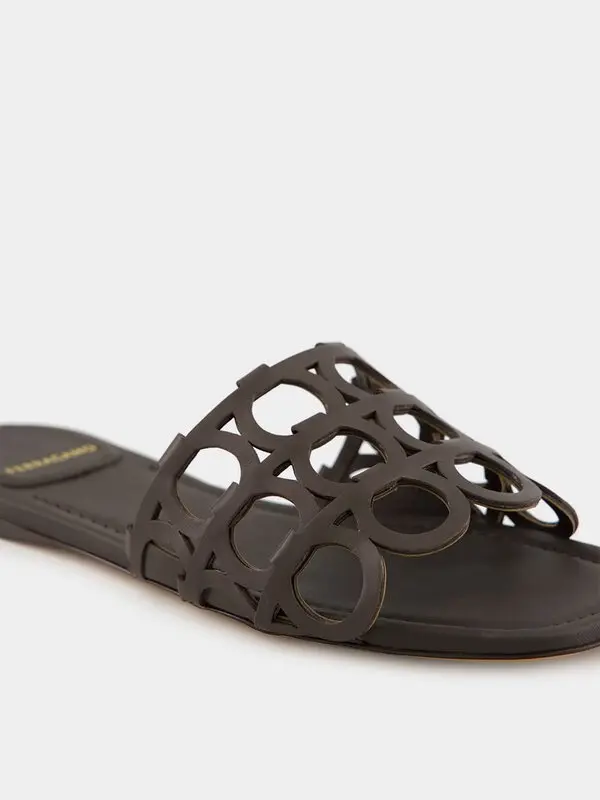 FERRAGAMO Gancini Chain Leather Slides - Brown