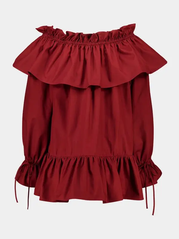 Saint Laurent Off-the-shoulder Ruffled Cotton Twill Dress - Burgundy