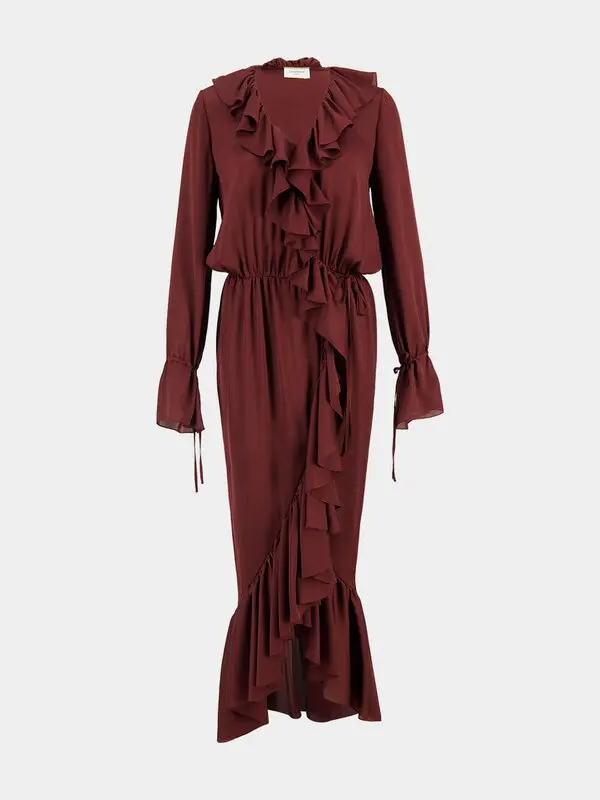 Saint Laurent Ruffled Silk Charmeuse Wrap Dress - Burgundy