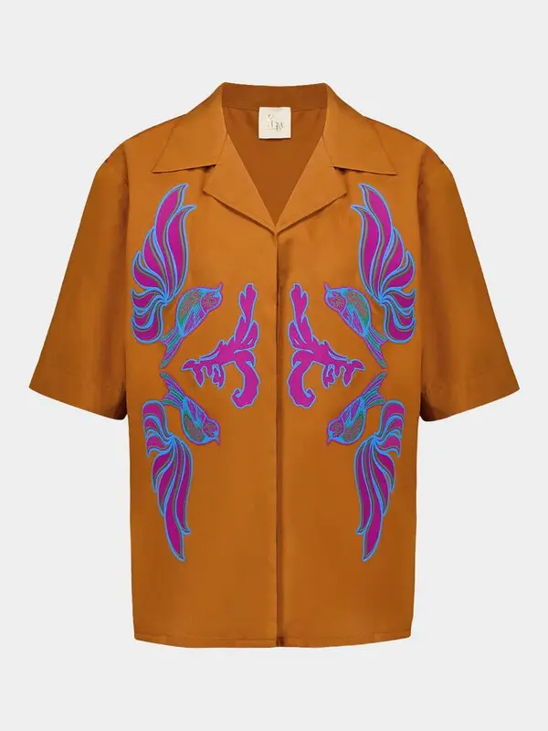 PAULA Daisy Caramel Café Embroidered Poplin Shirt
