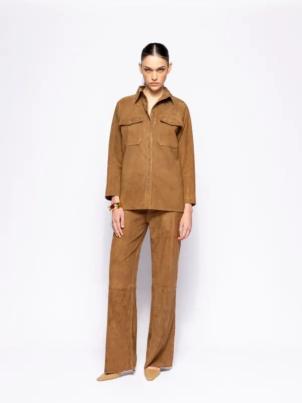 PAULA Frank Caramel Café Embroidered Suede Overshirt - Brown