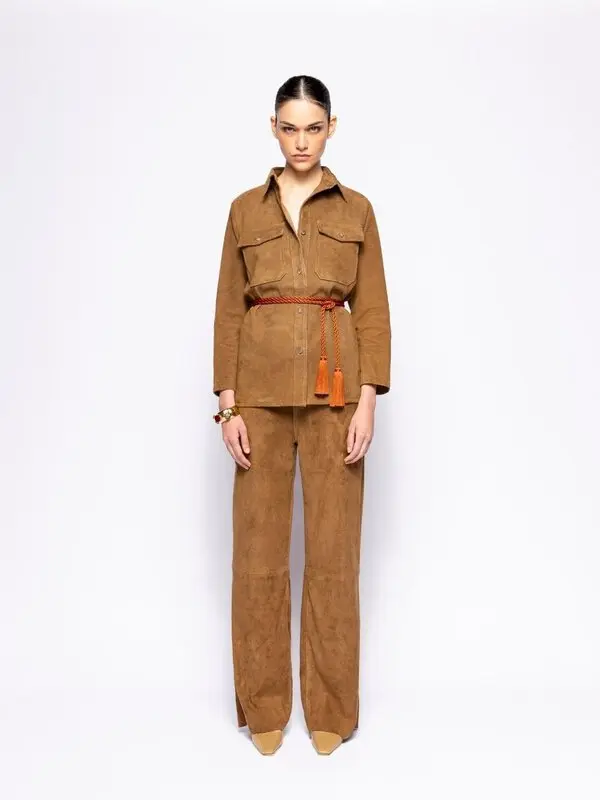 PAULA Frank Caramel Café Embroidered Suede Overshirt