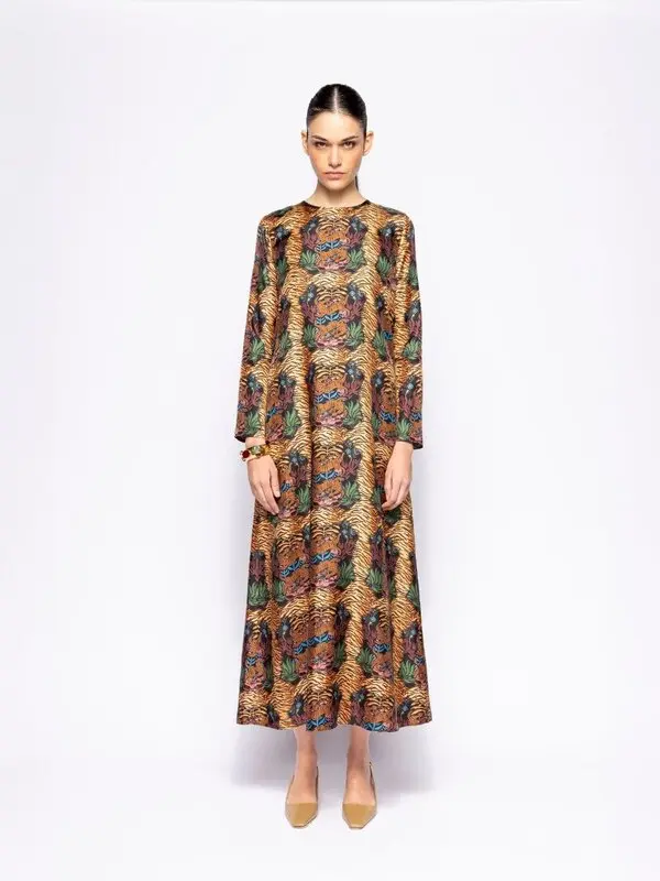 PAULA Dreamframe Print Silk Twill A-line Maxi Dress - Brown