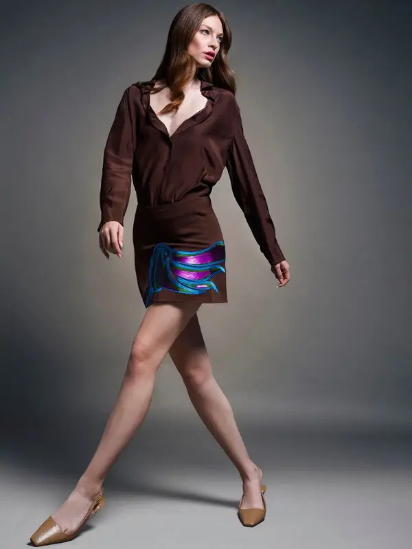 PAULA Embroidered Mini Skirt - Brown