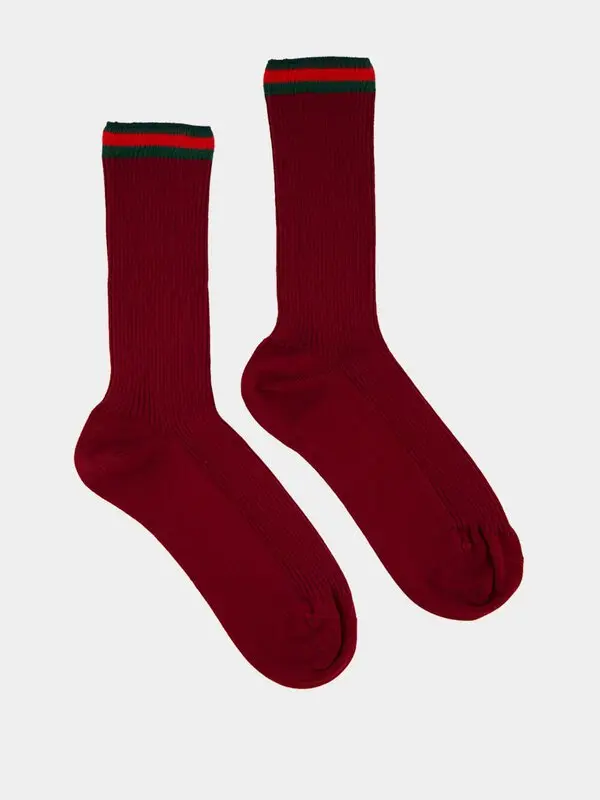 Gucci Ribbed Cotton Socks With Web Trim - Burgundy