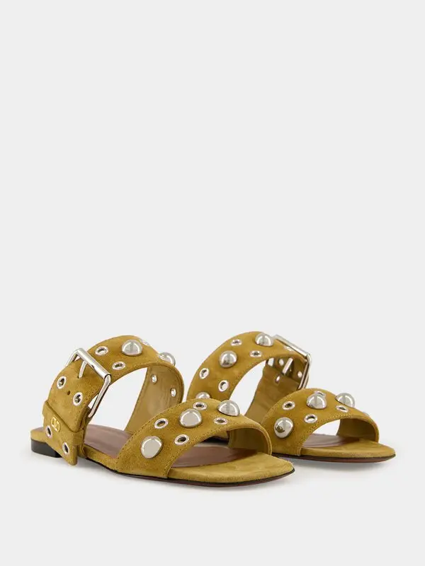 Valentino Garavani Crust Leather Studded Slide Sandals - Brown