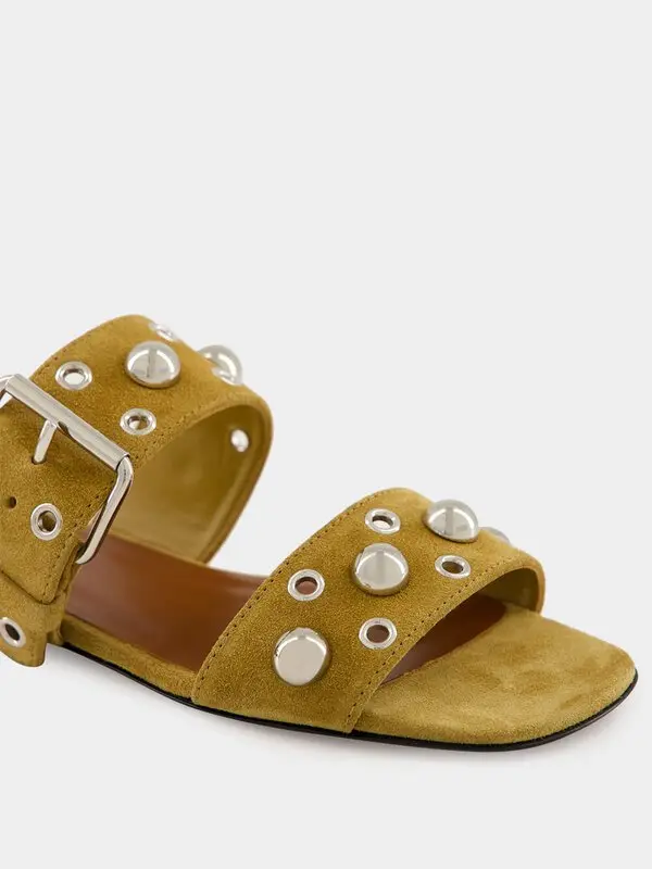 Valentino Garavani Crust Leather Studded Slide Sandals - Brown