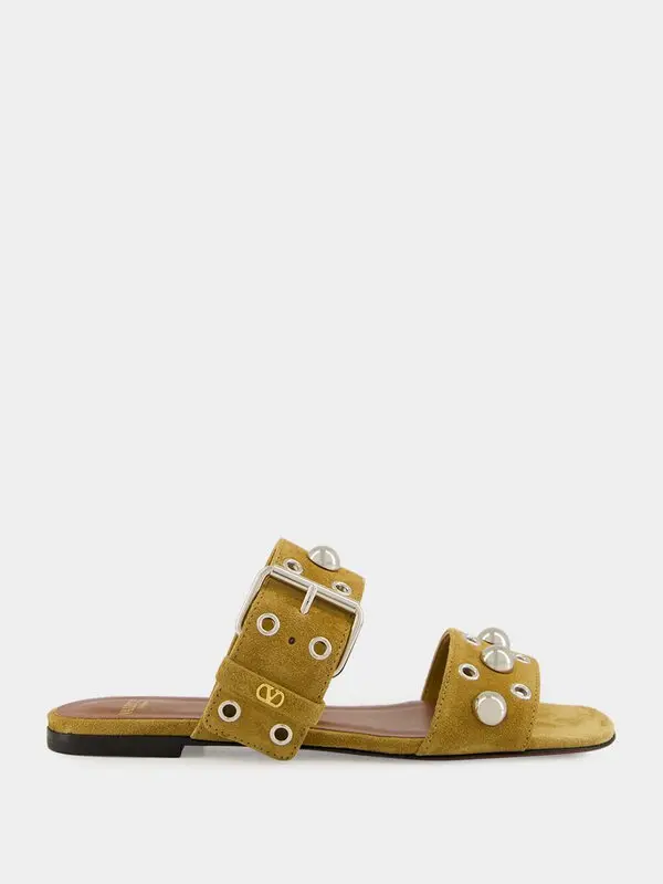 Valentino Garavani Crust Leather Studded Slide Sandals - Brown