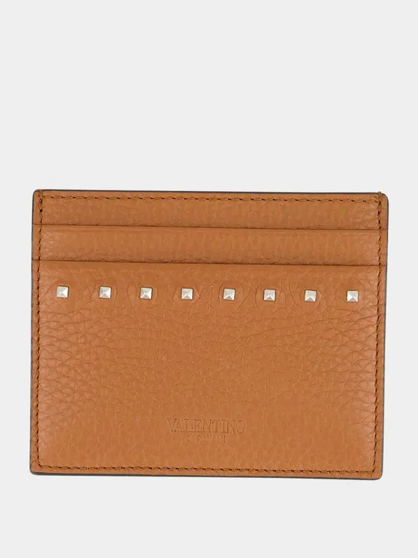 Valentino Garavani Leather Card Holder With Rockstuds - Brown