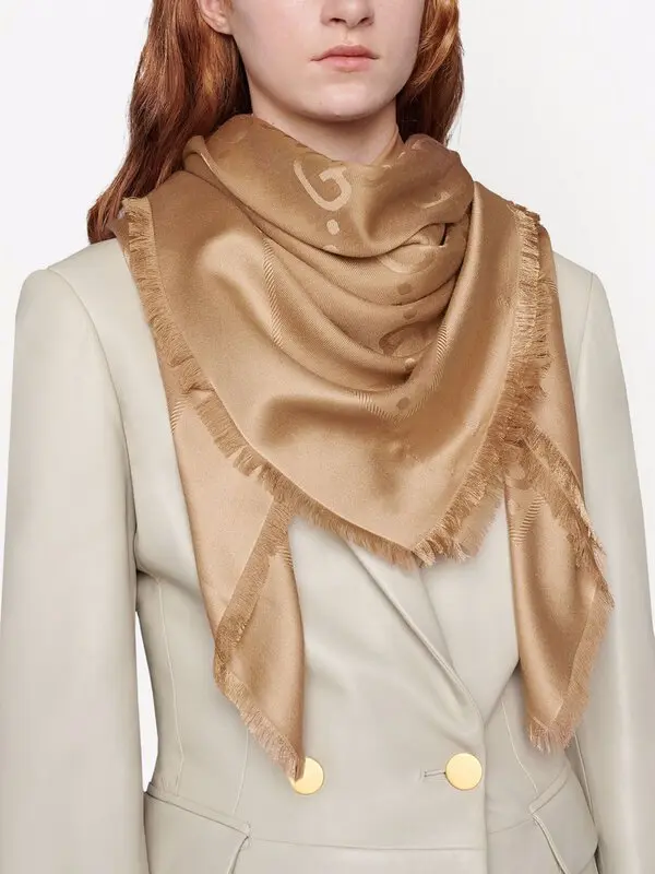 Gucci Gg Jacquard Silk-wool Camel Shawl - Brown