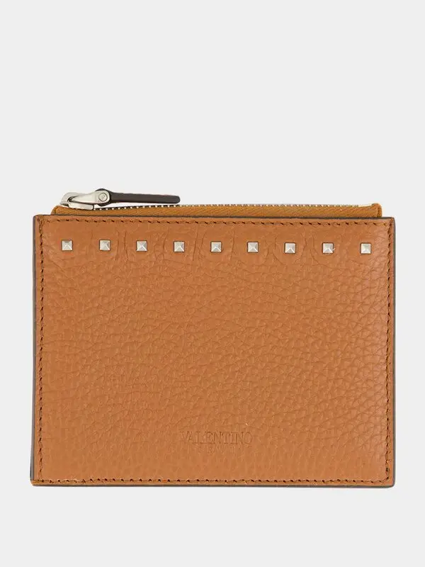 Valentino Garavani Selleria Leather Card Holder With Zip And Rockstuds - Brown