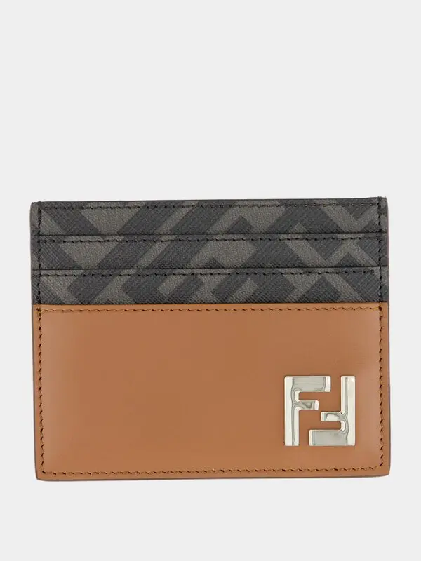 Fendi Leather Card Holder With Ff Canvas & Ff Squared - Brown
