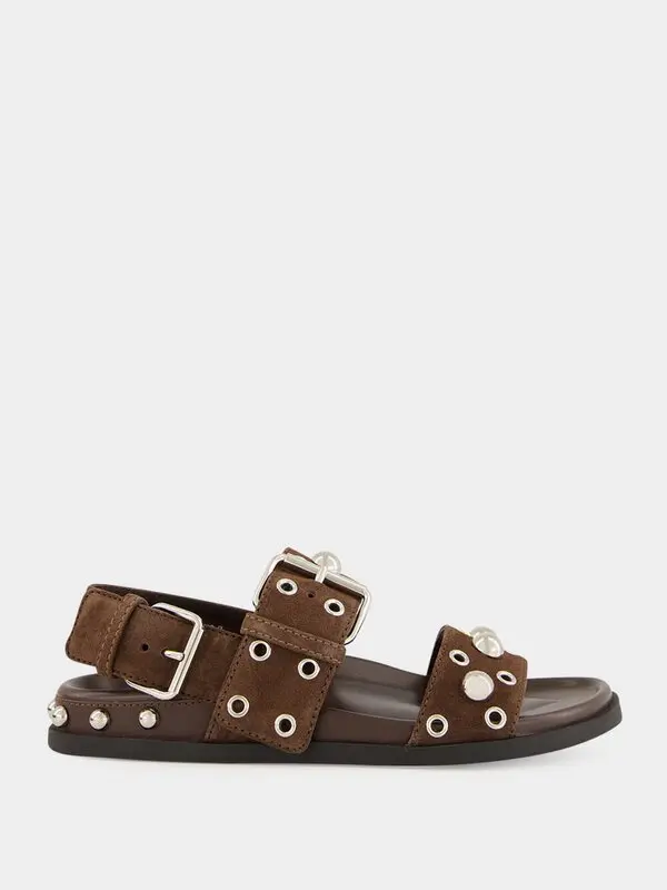 Valentino Garavani Nellcôte Flat Studded Suede Sandals - Brown