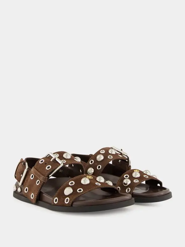 Valentino Garavani Nellcôte Flat Studded Suede Sandals - Brown