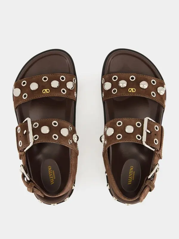Valentino Garavani Nellcôte Flat Studded Suede Sandals - Brown