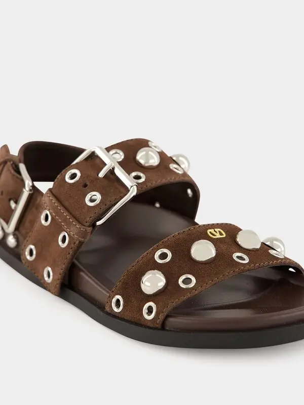 Valentino Garavani Nellcôte Flat Studded Suede Sandals - Brown
