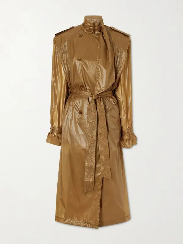 Saint Laurent Double-breasted Belted Shell Trench Coat - Neutrals