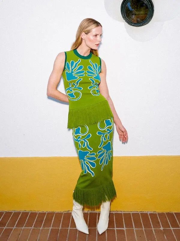PAULA Jacquard Pencil Skirt With Fringes
