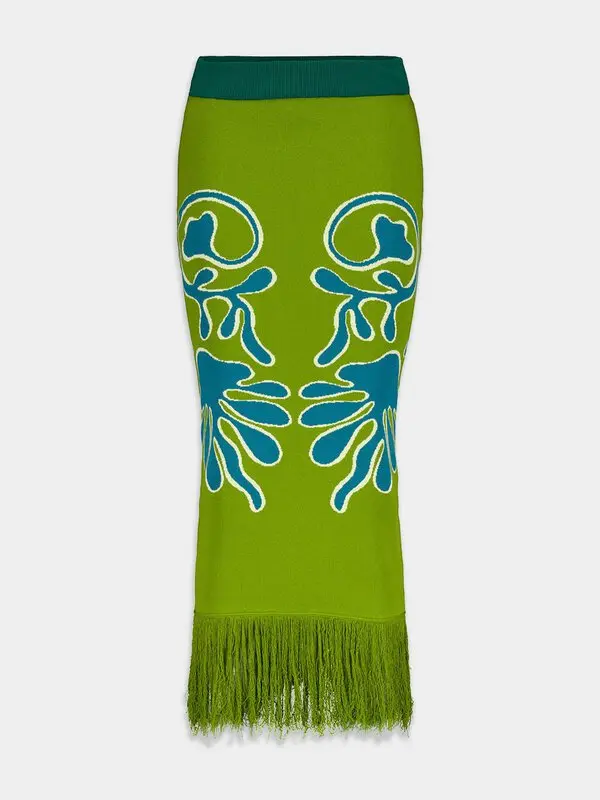 PAULA Jacquard Pencil Skirt With Fringes