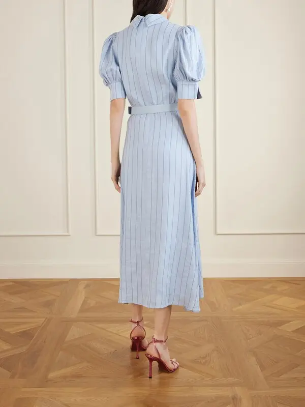 Rebecca Vallance Effie Belted Striped Linen-Blend Midi Dress - Blue |  Editorialist