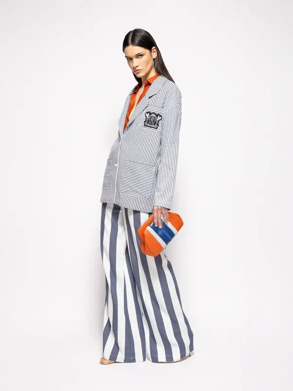 PAULA Nymphaea Hand-woven Striped Blazer With Embroidery - Blue