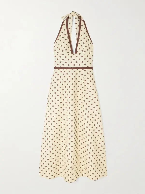 Posse Bowie Polka-dot Linen And Cotton-blend Halterneck Midi Dress - Neutrals
