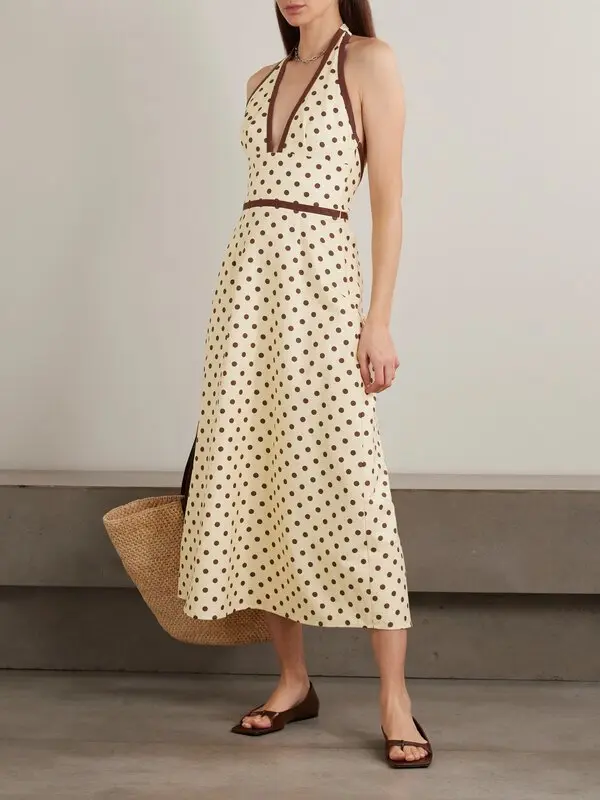 Posse Bowie Polka-dot Linen And Cotton-blend Halterneck Midi Dress - Neutrals
