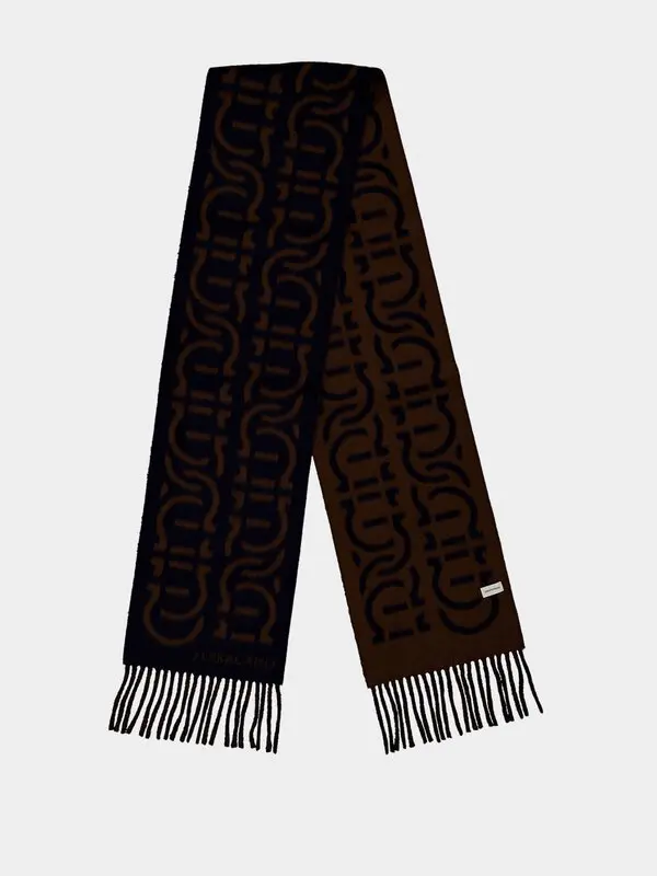 FERRAGAMO Gancini Jacquard Scarf In Espresso & Midnight - Blue