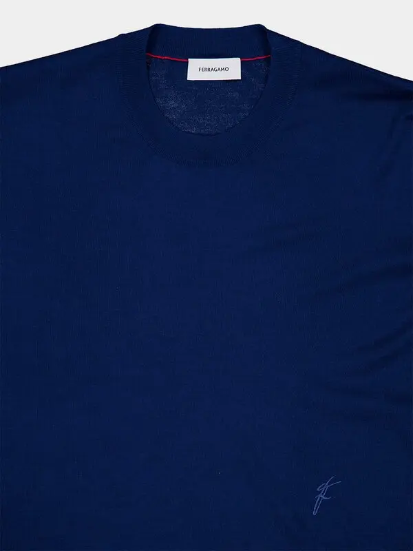 FERRAGAMO Teal Wool Crew Neck Sweater - Blue