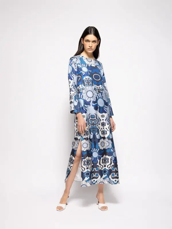 PAULA Shirley Flora Mix Printed Silk Twill A-line Dress - Blue