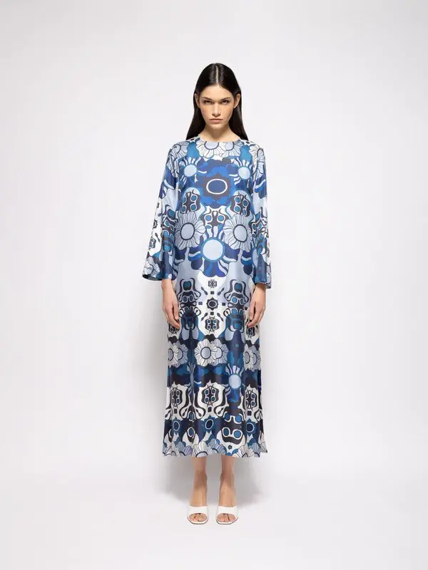PAULA Shirley Flora Mix Printed Silk Twill A-line Dress - Blue