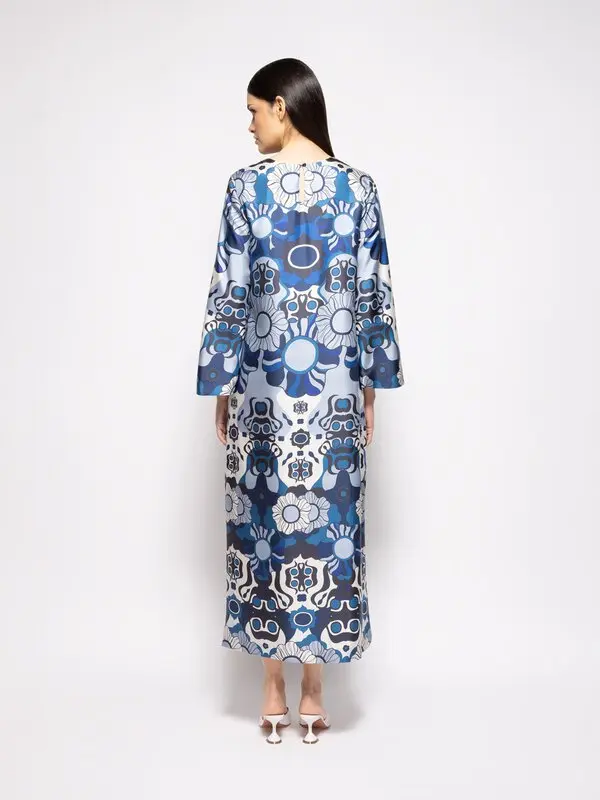 PAULA Shirley Flora Mix Printed Silk Twill A-line Dress - Blue