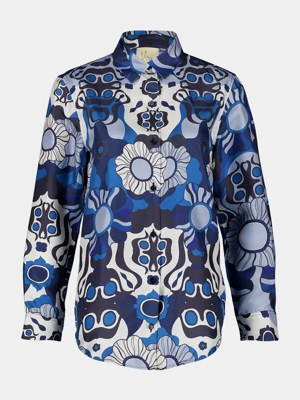 PAULA Ametista Flora Mix Printed Silk Twill Shirt - Blue