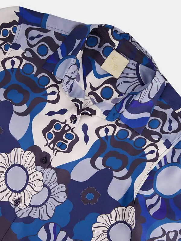 PAULA Ametista Flora Mix Printed Silk Twill Shirt - Blue