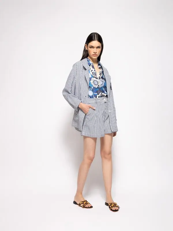 PAULA Virgo Navy Hand-woven Striped Wide-leg Shorts - Blue