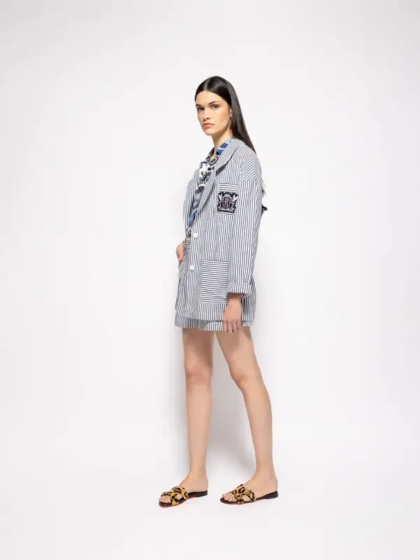 PAULA Virgo Navy Hand-woven Striped Wide-leg Shorts - Blue