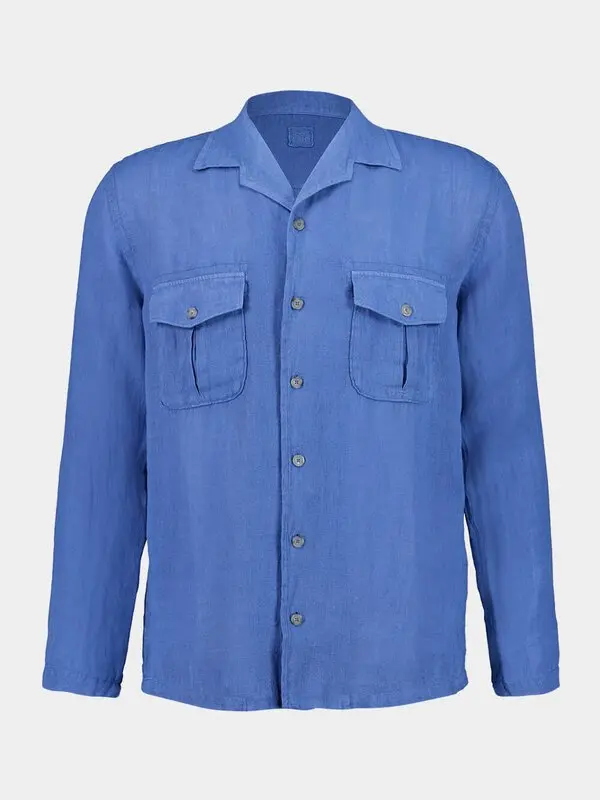 120% Lino Indigo Long-sleeve Linen Shirt With Front Pockets - Blue