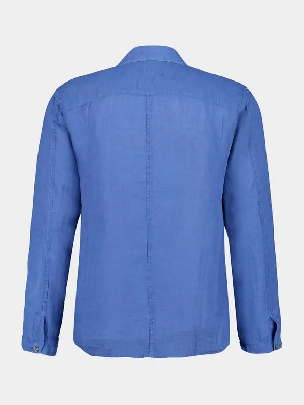 120% Lino Indigo Long-sleeve Linen Shirt With Front Pockets - Blue