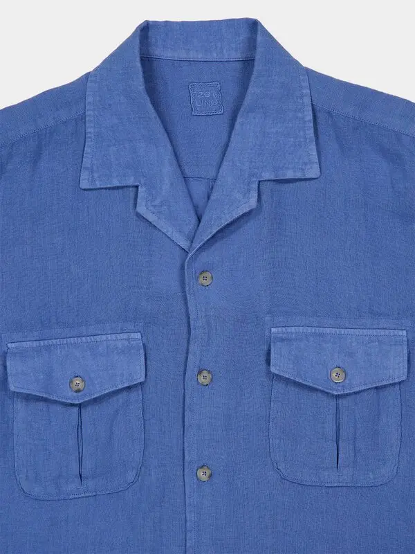 120% Lino Indigo Long-sleeve Linen Shirt With Front Pockets - Blue