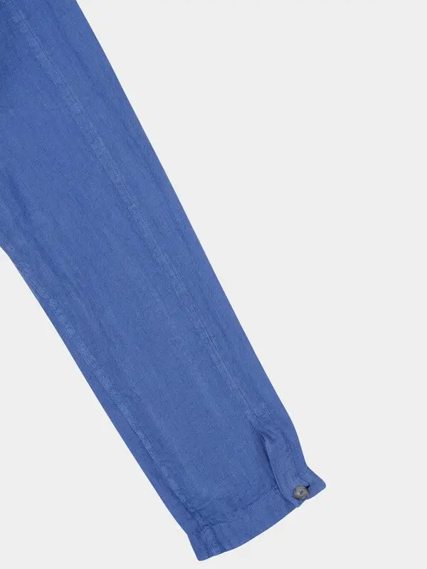 120% Lino Indigo Long-sleeve Linen Shirt With Front Pockets - Blue
