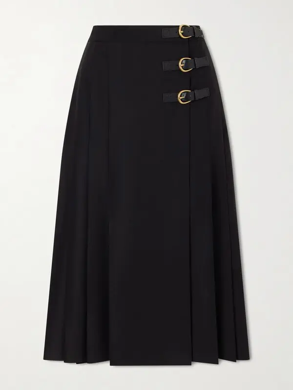 Chloé Pleated Leather-trimmed Grain De Poudre Wool Midi Skirt