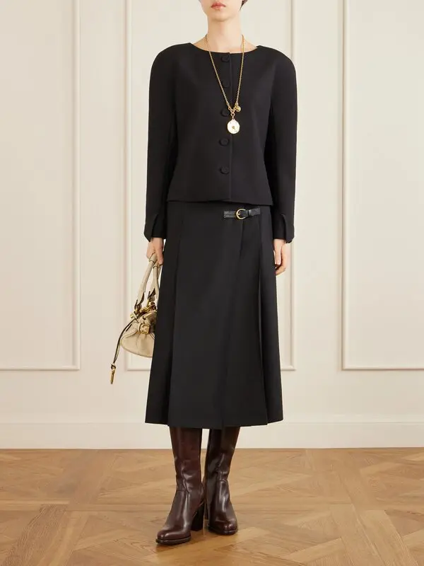 Chloé Pleated Leather-trimmed Grain De Poudre Wool Midi Skirt