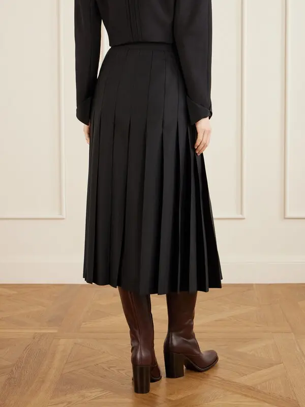 Chloé Pleated Leather-trimmed Grain De Poudre Wool Midi Skirt