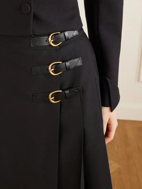 Chloé Pleated Leather-trimmed Grain De Poudre Wool Midi Skirt