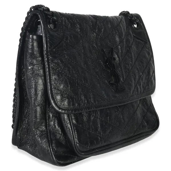 Saint Laurent Crinkled Calfskin Matelasse Niki Chain Satchel - Black