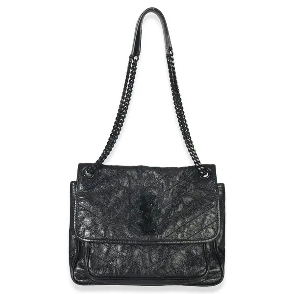 Saint Laurent Crinkled Calfskin Matelasse Niki Chain Satchel - Black