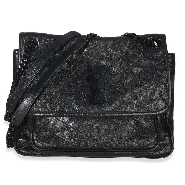 Saint Laurent Crinkled Calfskin Matelasse Niki Chain Satchel - Black