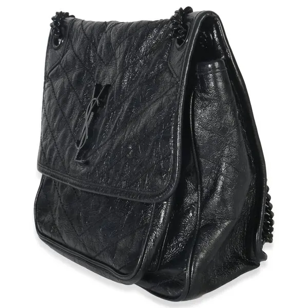Saint Laurent Crinkled Calfskin Matelasse Niki Chain Satchel - Black
